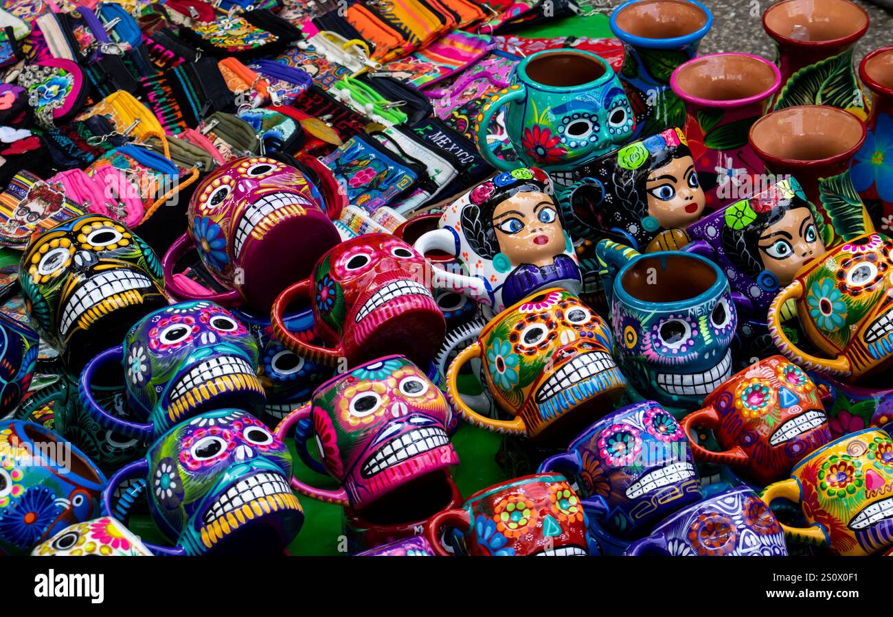 Street sale of handicrafts alluding to the Day of the Dead in Mexico ...