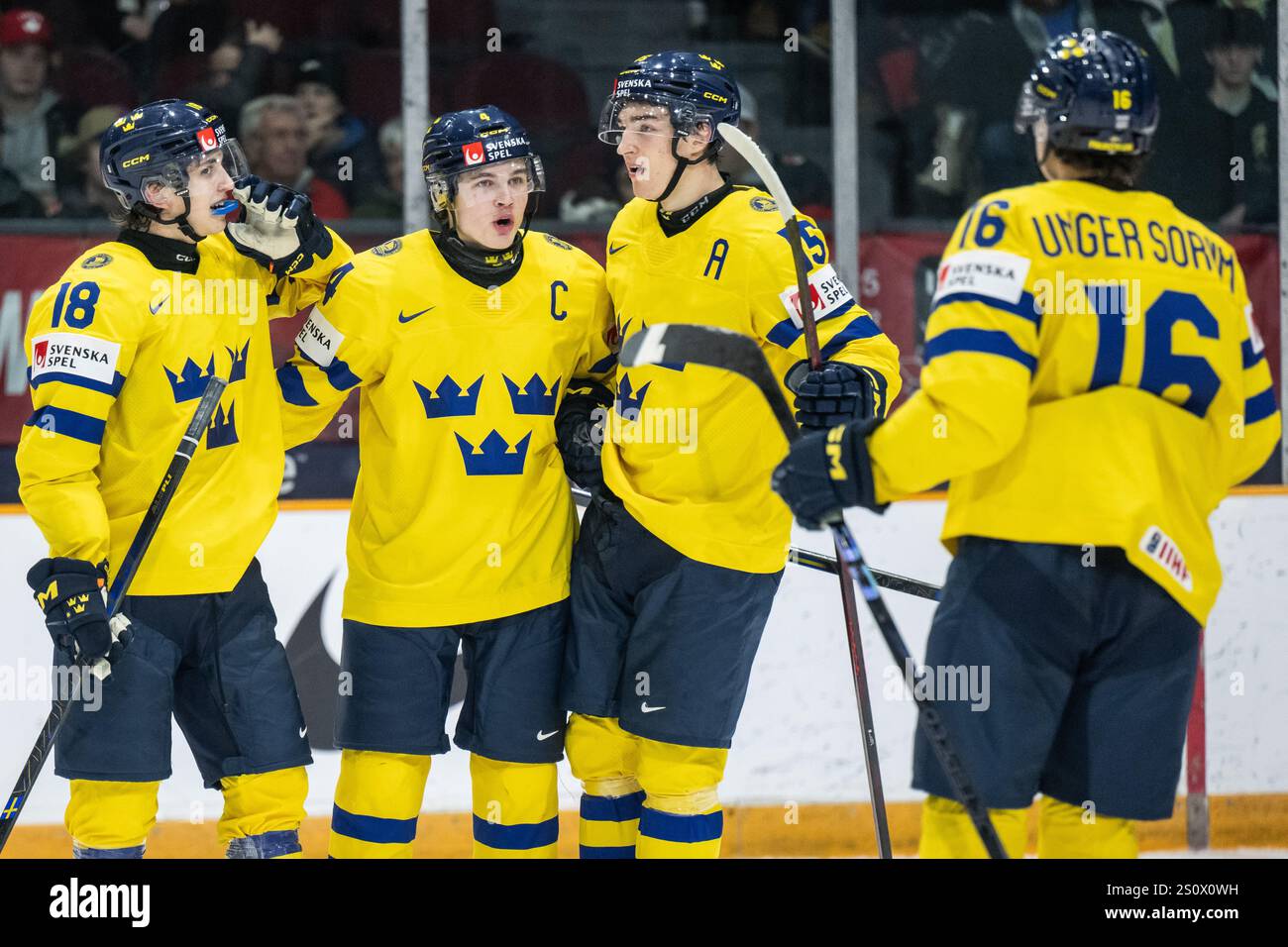 Axel Sandin-Pellikka of, Sweden. , . celebrates with Victor Eklund ...