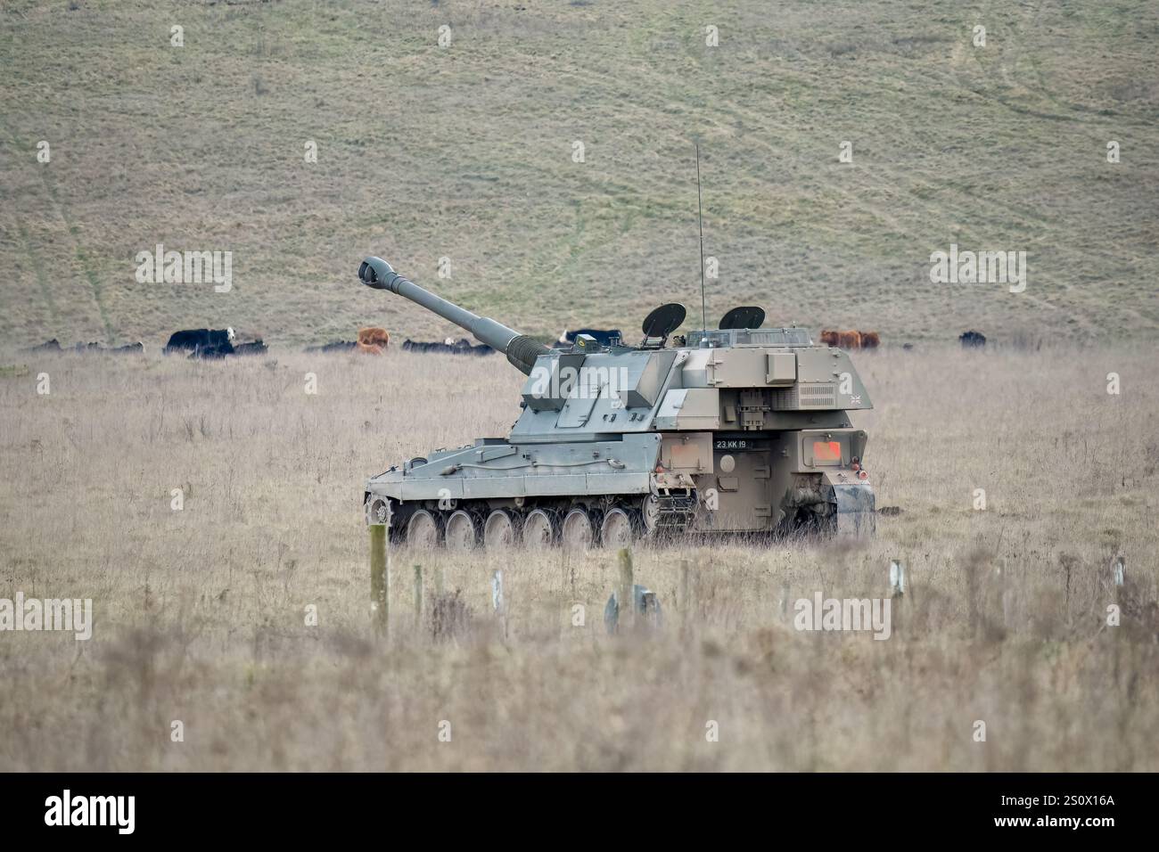 a British army AS90 (AS-90 Braveheart Gun Equipment 155mm L131) armoured self-propelled howitzer ...