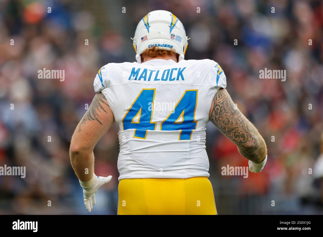 Los Angeles Chargers defensive tackle Scott Matlock (44) reacts during ...