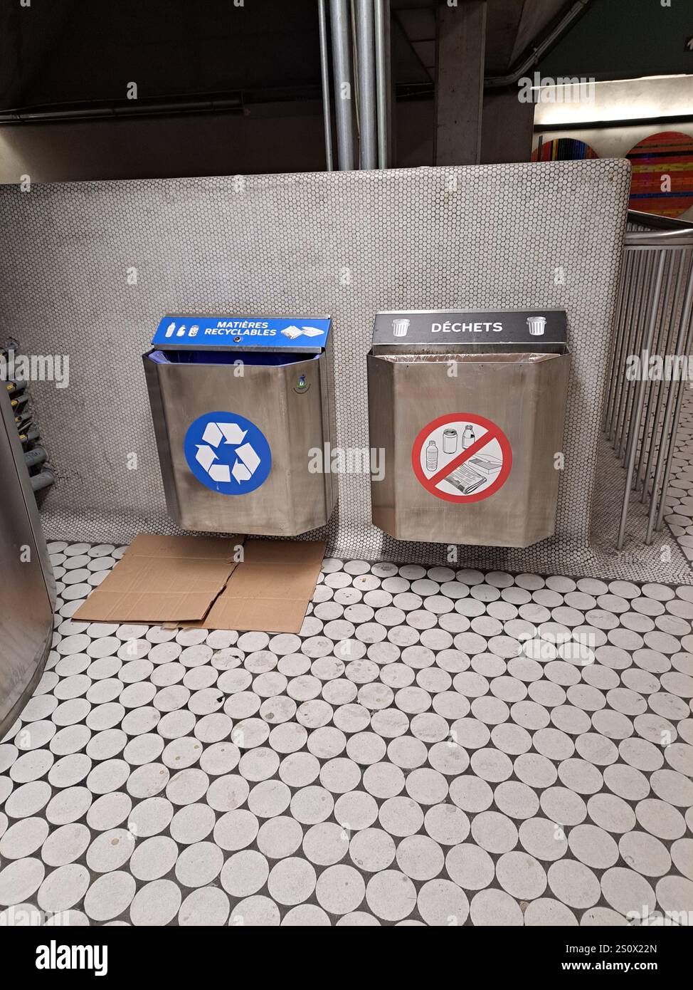 Garbage and recycling bins at Peel Metro Station in Montreal, Quebec ...