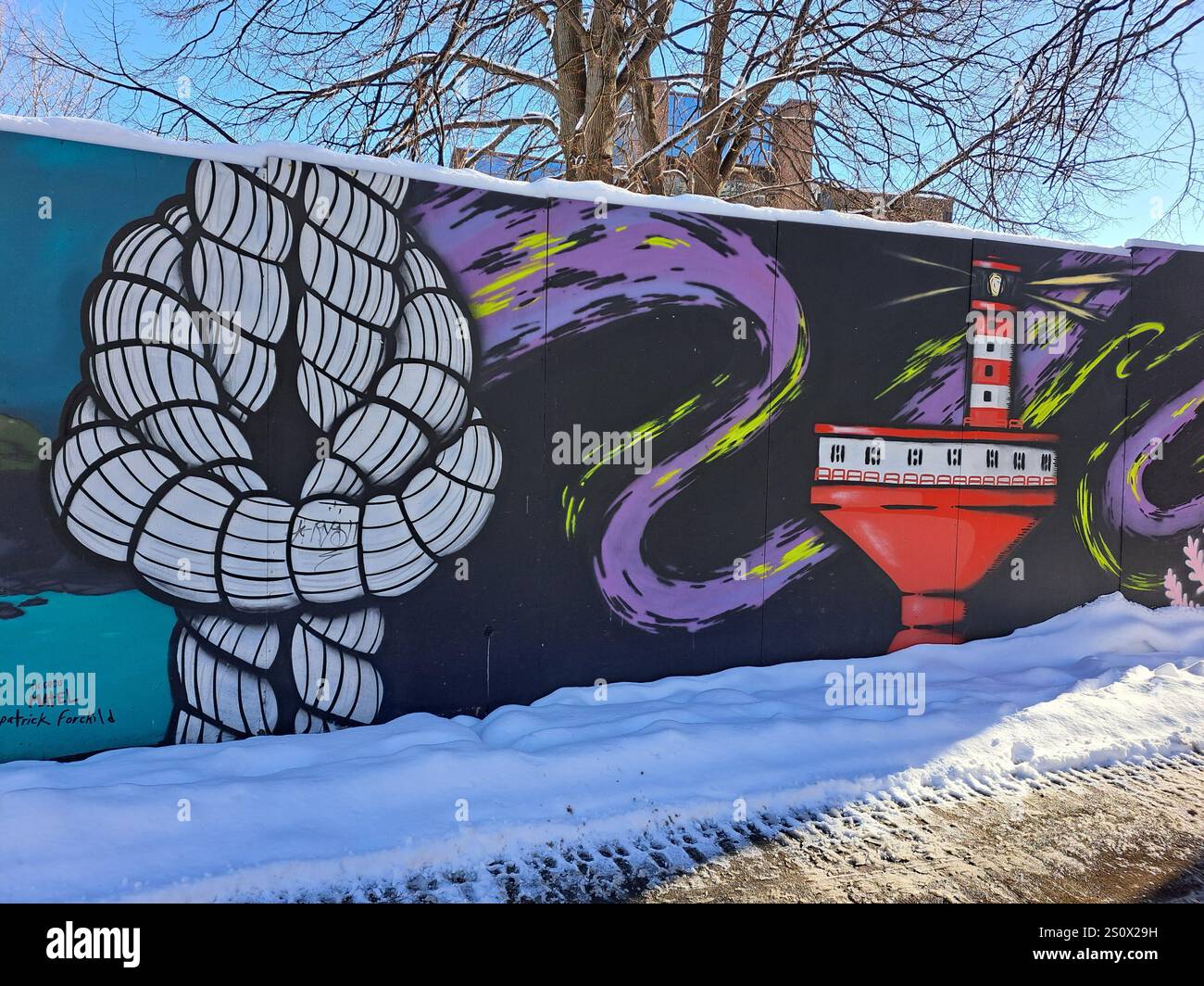 Mural of the port on wall in the old port in Quebec City, Quebec ...