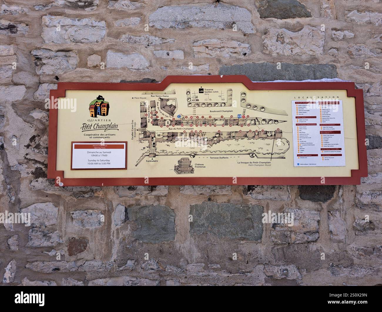 Quartier Petit Champlain sign showing map of Le Petit Champlain in ...
