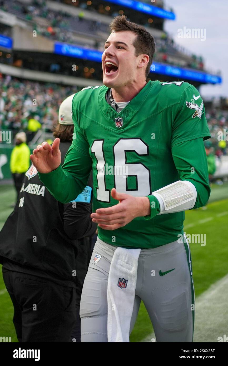 Philadelphia Eagles quarterback Tanner McKee reacts while leaving the ...