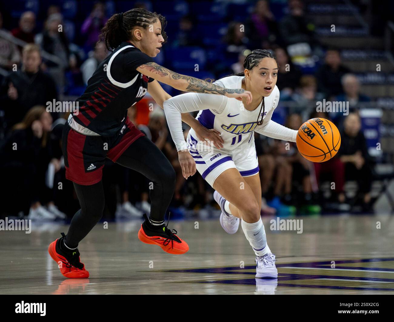 James Madison guard Bree Robinson (11) drives around Troy guard Briana ...