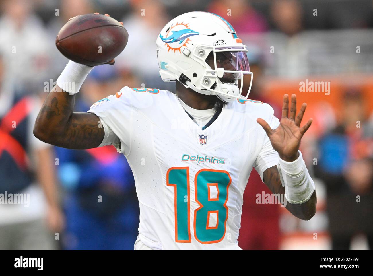 Miami Dolphins quarterback Tyler Huntley (18) stands back to pass ...