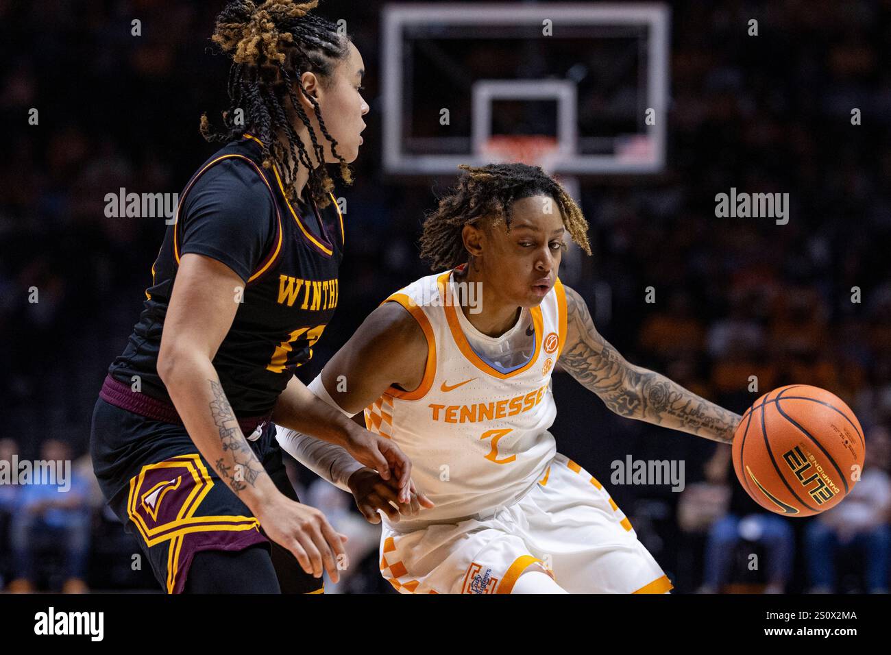 Tennessee guard Ruby Whitehorn (2) drives against Winthrop guard Mya ...