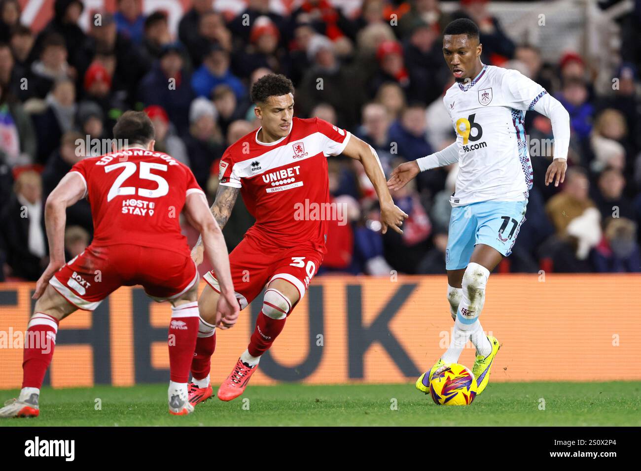 Burnley's Jaidon Anthony (right) in action during the Sky Bet ...