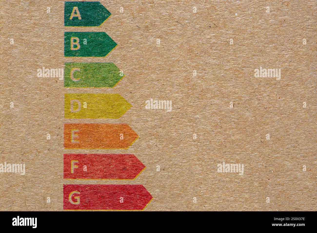 Energy rating printed on cardboard packaging background. Energy ...