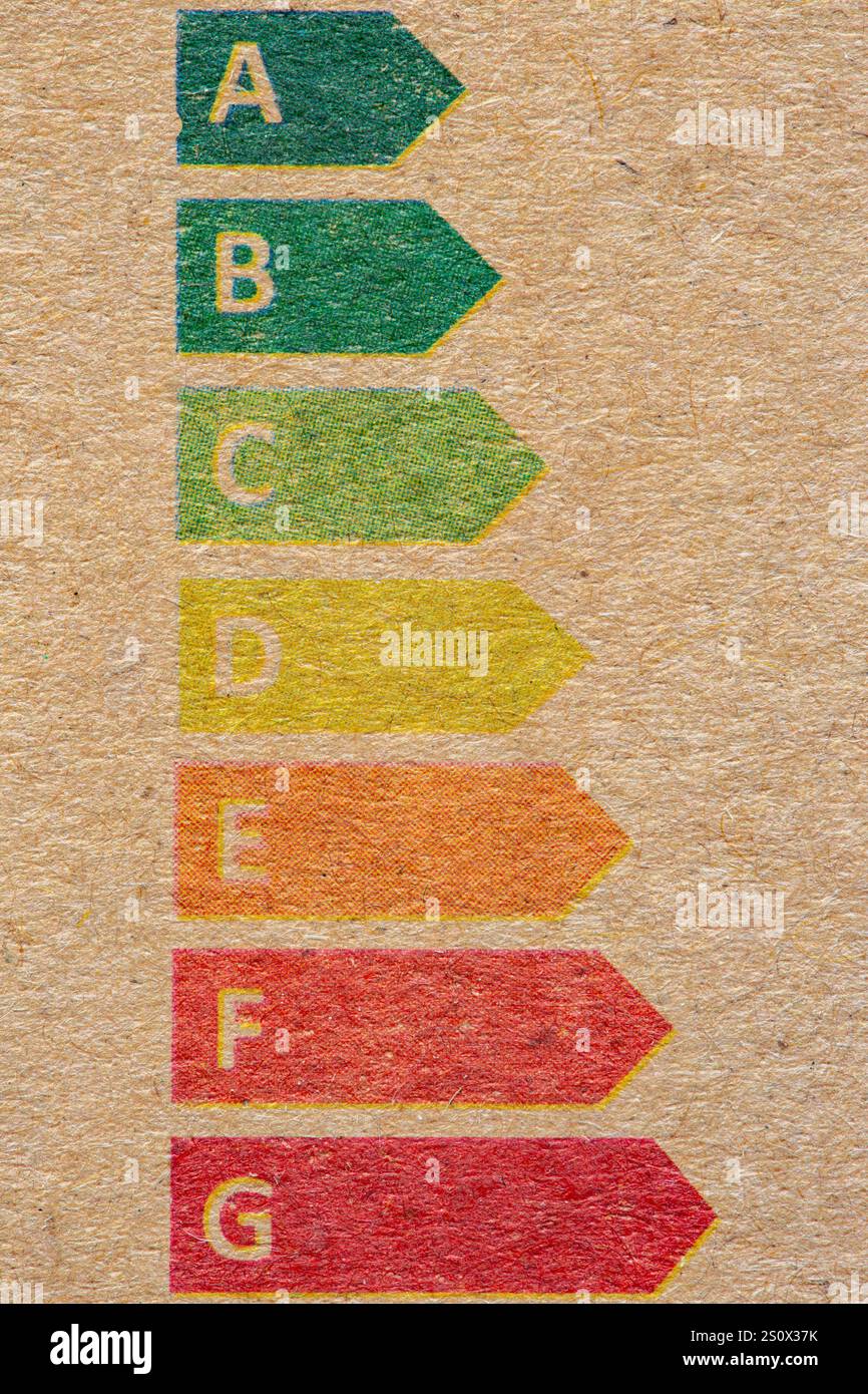 Energy rating printed on cardboard packaging background. Energy ...