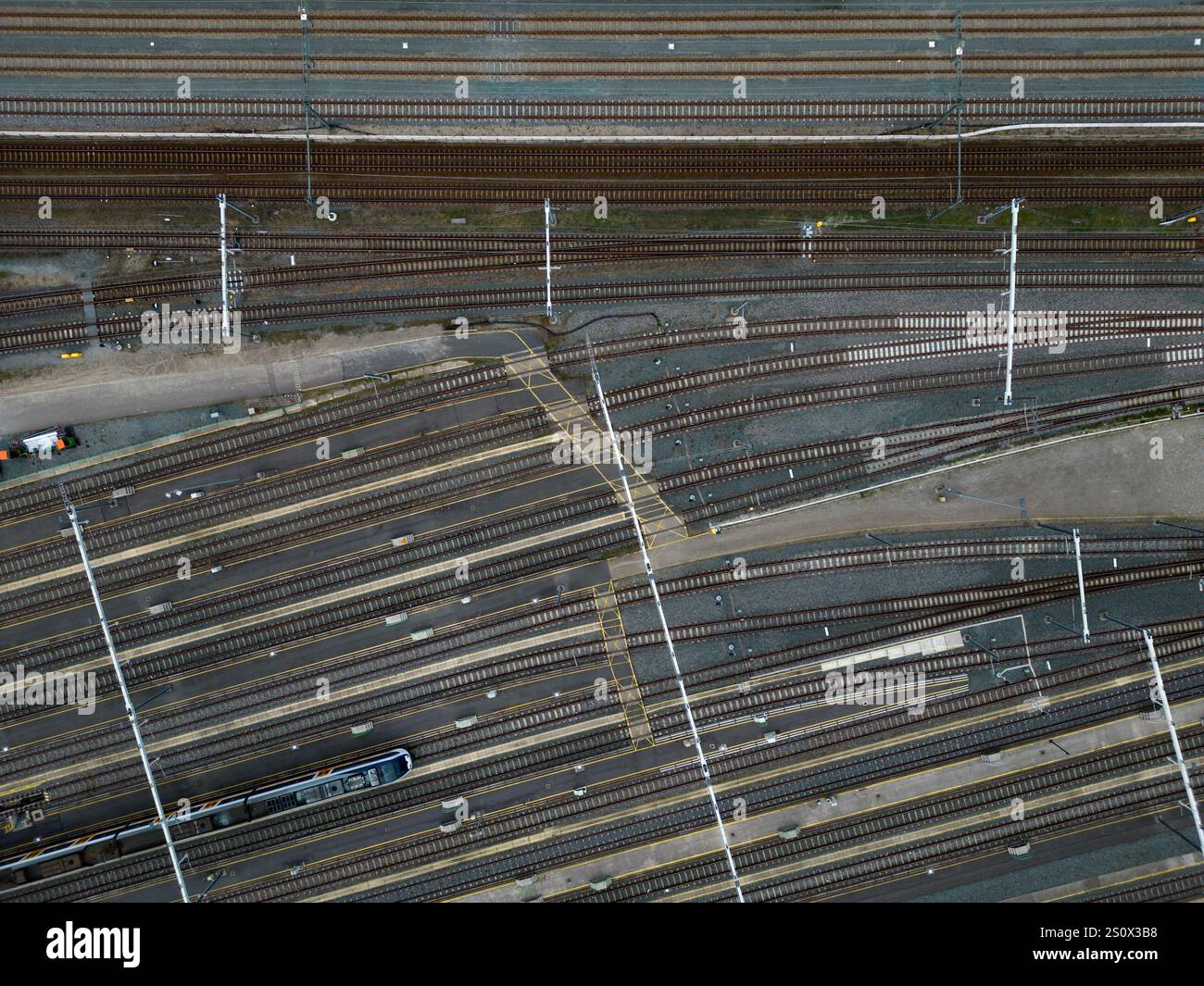 Aerial top view of a train and railroad tracks, The Haque, The ...