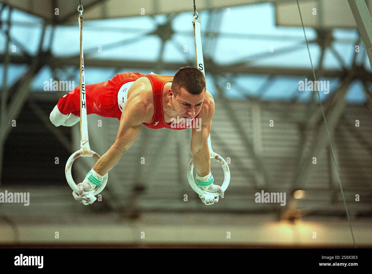 Roberto Marzocchi, Italian gymnast is performing his rings routine in ...
