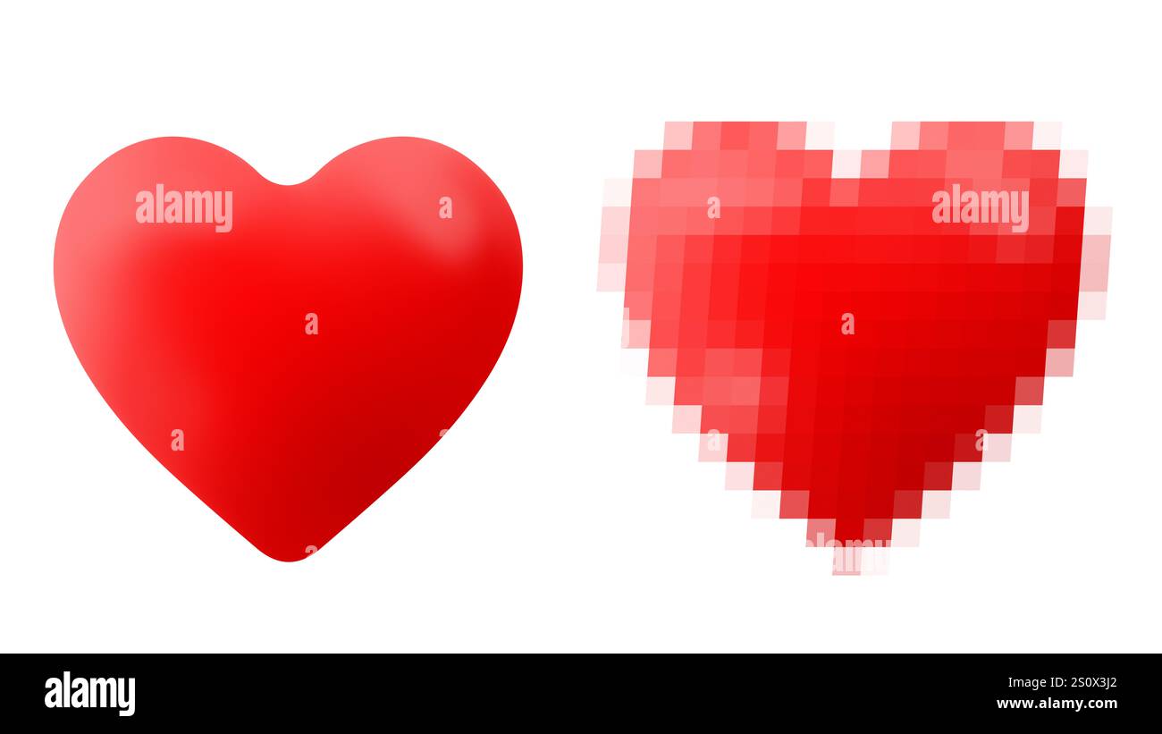 One smooth and curvy red heart and one pixelated red heart on white ...