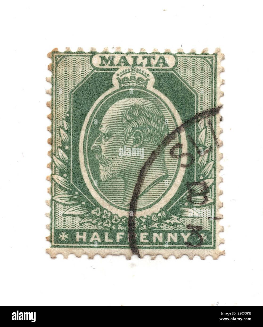 A vintage King Edward VII postage stamp from Malta on a white ...