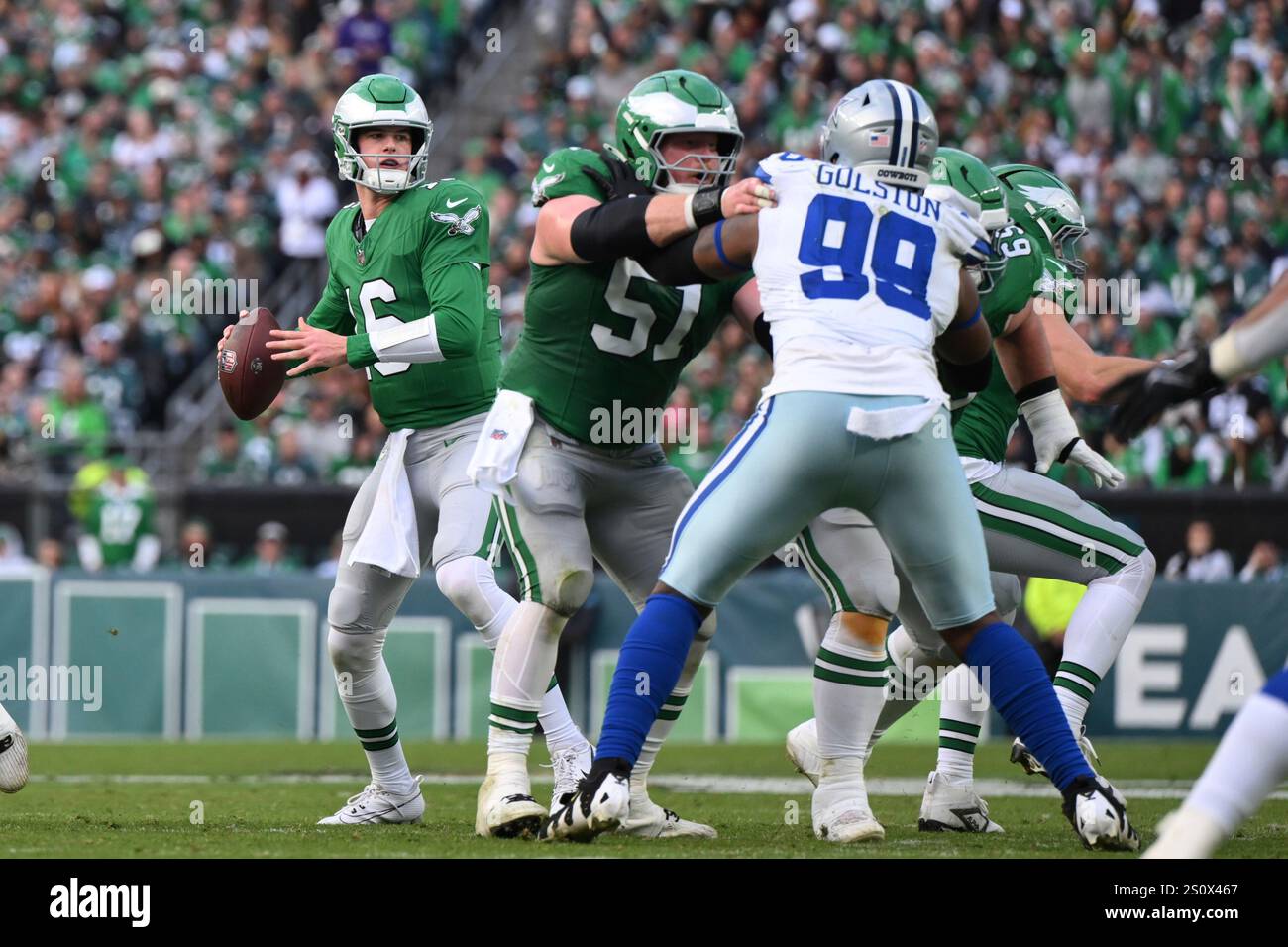 Philadelphia Eagles quarterback Tanner McKee (16) looks to pass the ...