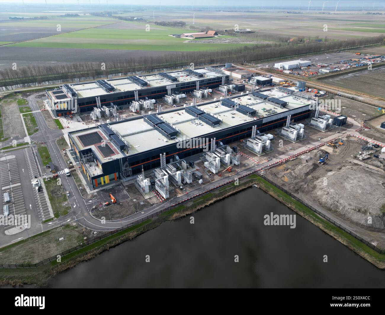 Aerial view of a large datacenter in Noord Holland, The Netherlands ...