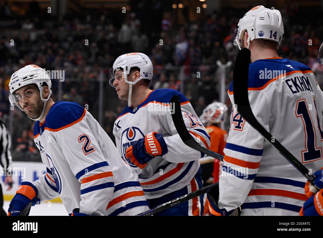 Edmonton Oilers defenseman Evan Bouchard (2) reacts after scoring ...