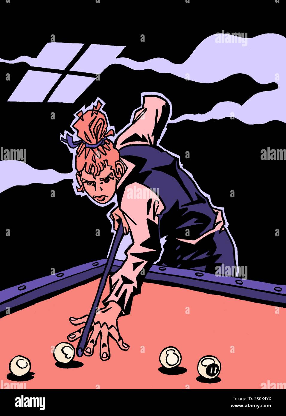 Illustration of a young woman playing billiards poolroom at a ...