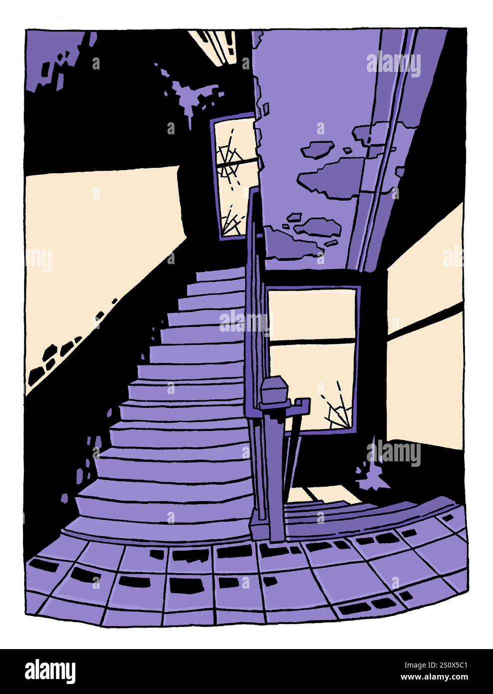 Illustration of a dirty and empty stairwell, at night with a light that ...