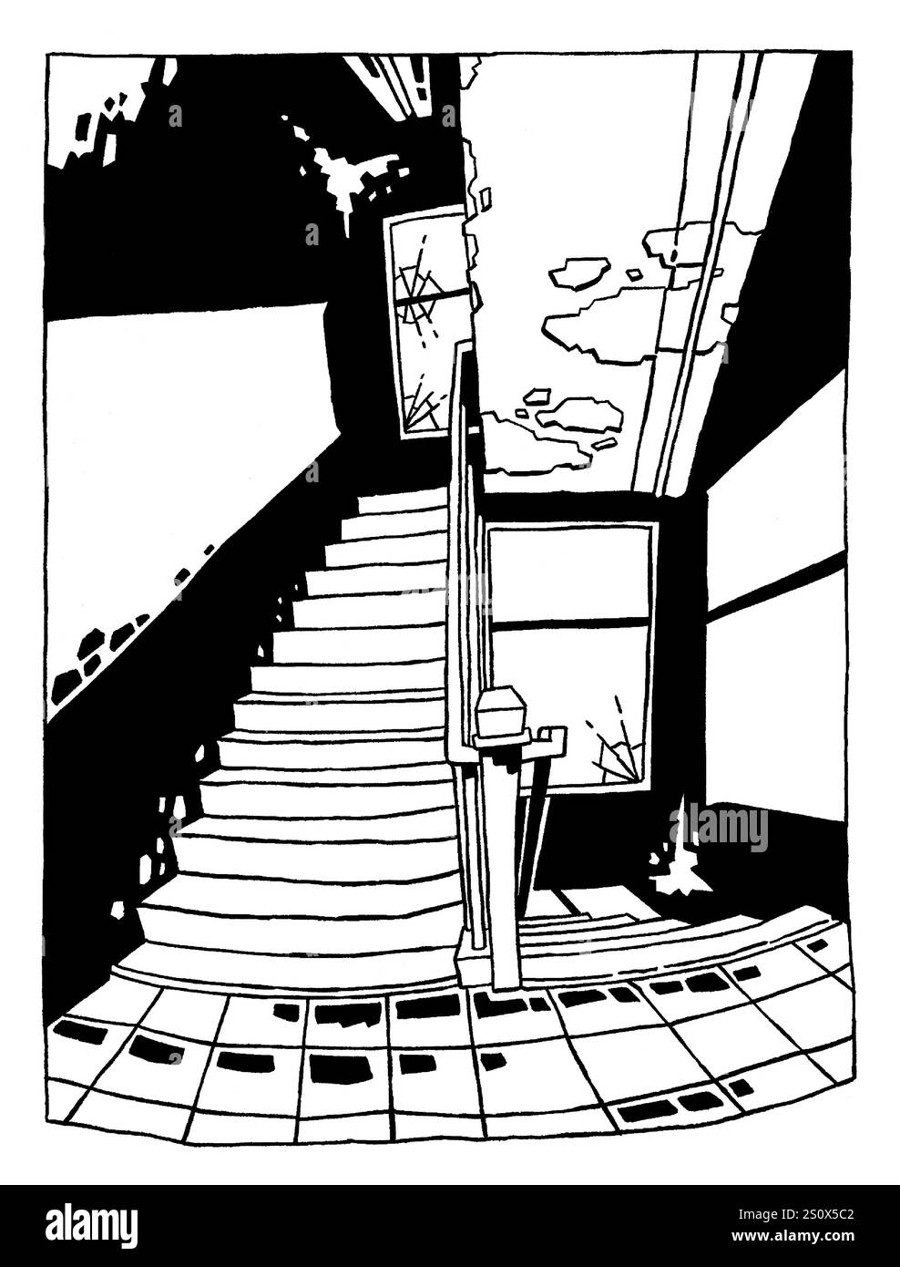 Illustration of a dirty and empty stairwell, at night with a light that ...