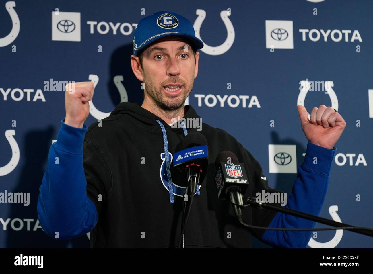 Indianapolis Colts head coach Shane Steichen answers questions after an ...