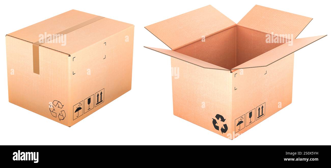 Parcels, cardboard boxes. Opened, empty and closed parcels. 3D rendering isolated on white ...