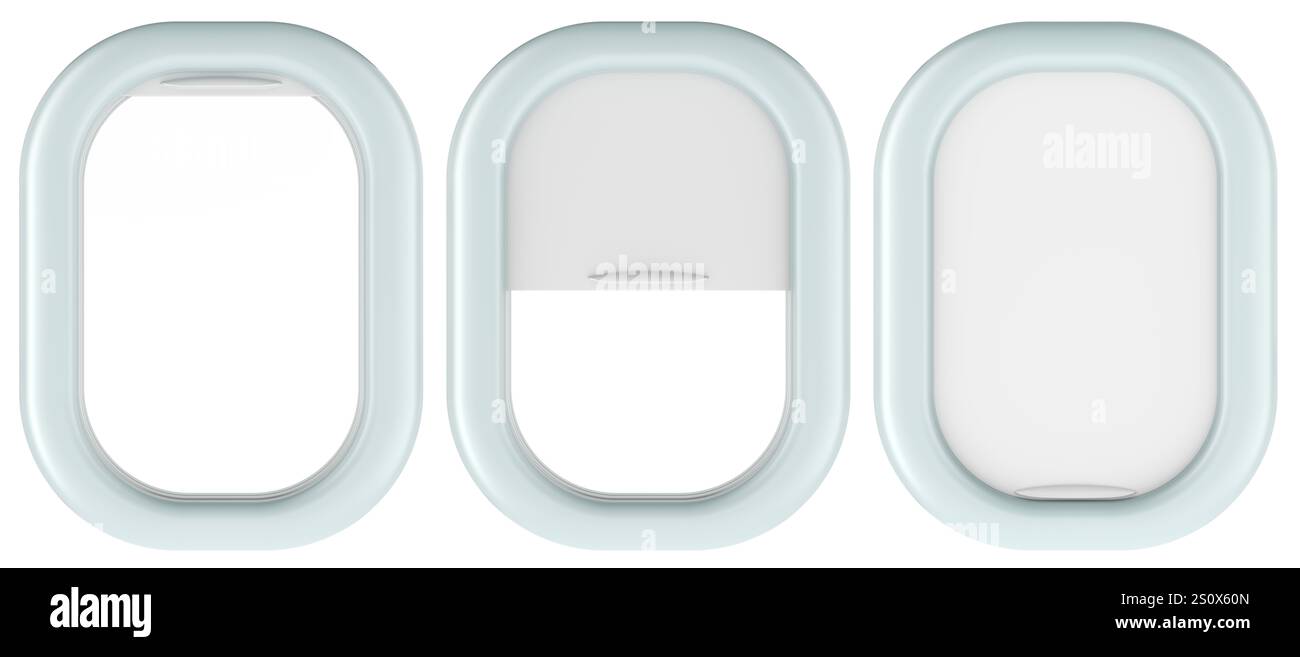Airplane window portholes, different views. Opened, closed and half ...