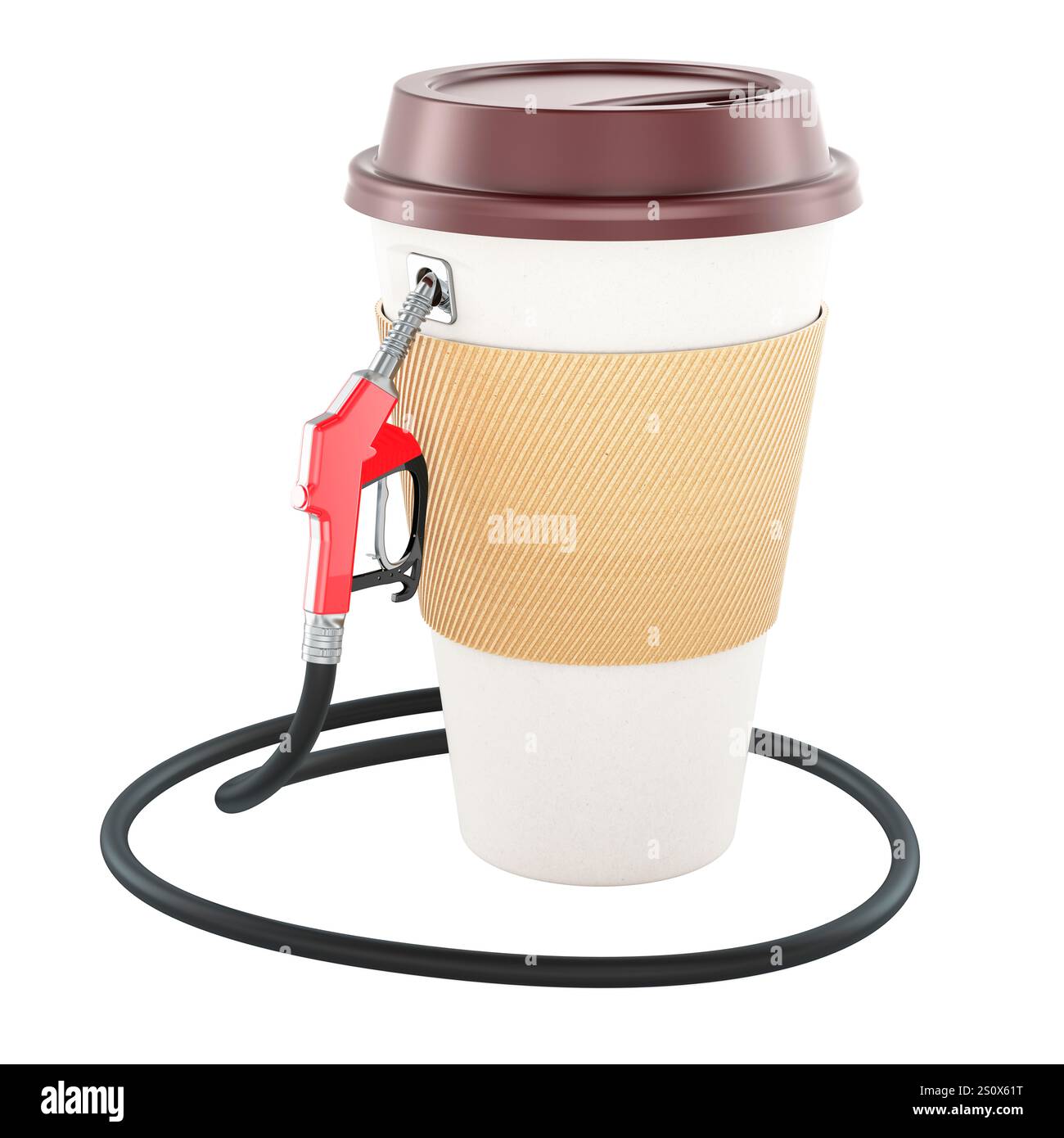 Disposable cup of coffee with fuel pump nozzle, 3D rendering isolated ...