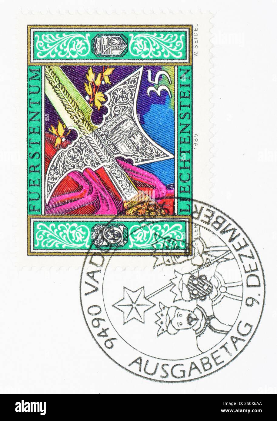 Cancelled postage stamp printed by Liechtenstein, that shows Halberd ...