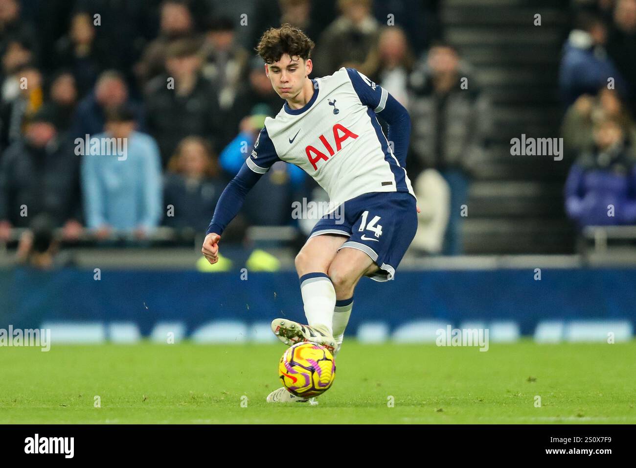 Archie Gray of Tottenham Hotspur passes the ball during the Premier ...
