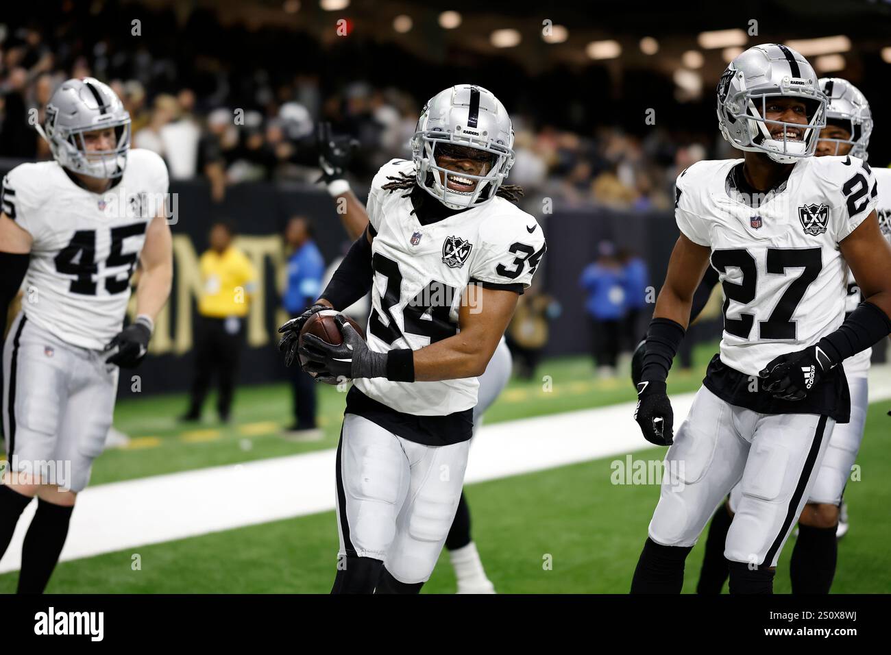 Las Vegas Raiders safety Thomas Harper (34) celebrates after a play ...