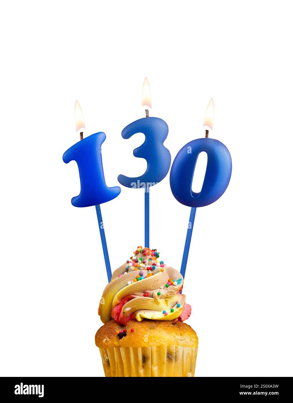 Candle in shape of the number 130 - Blue birthday on a white background ...