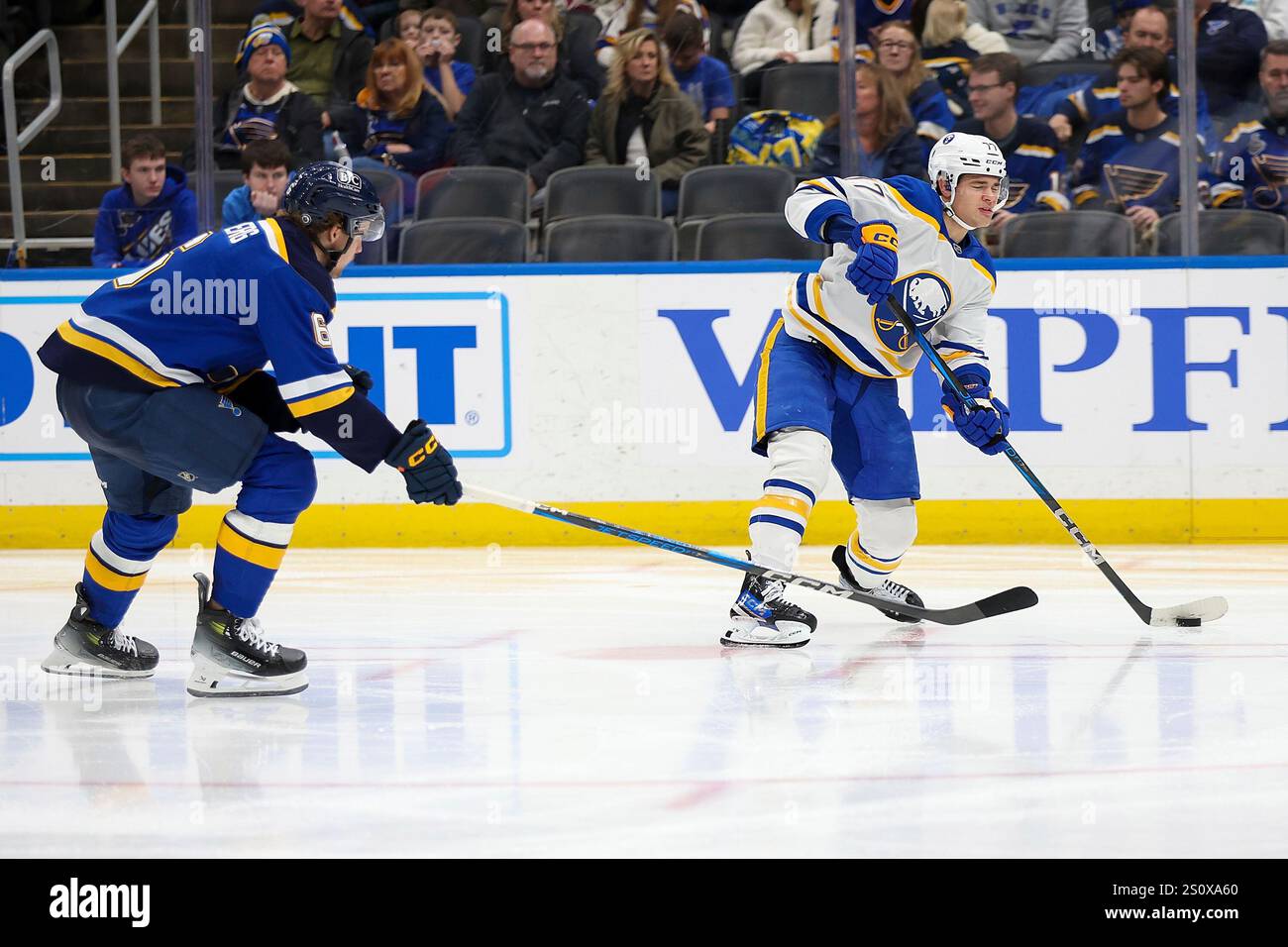 Buffalo Sabres' JJ Peterka, right, shoots on goal while under pressure from St. Louis Blues ...