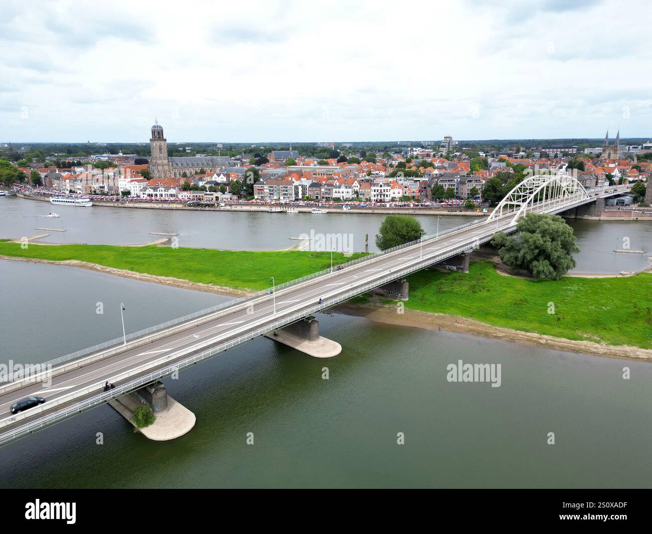 Aerial view of the Ijssel river and the city of Deventer, The ...