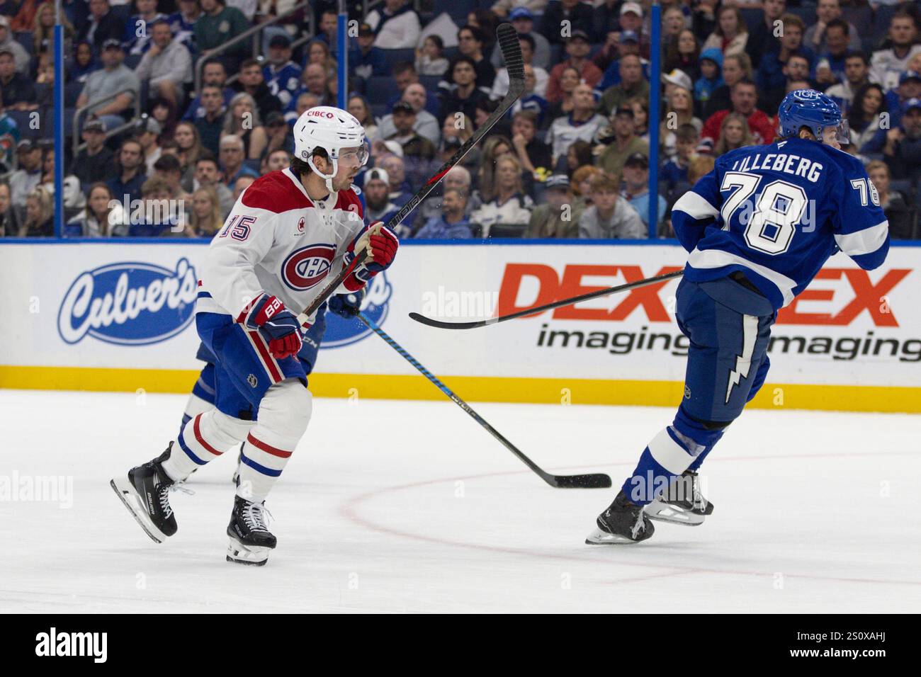 Montreal Canadiens center Alex Newhook (15) looks on after scoring ...