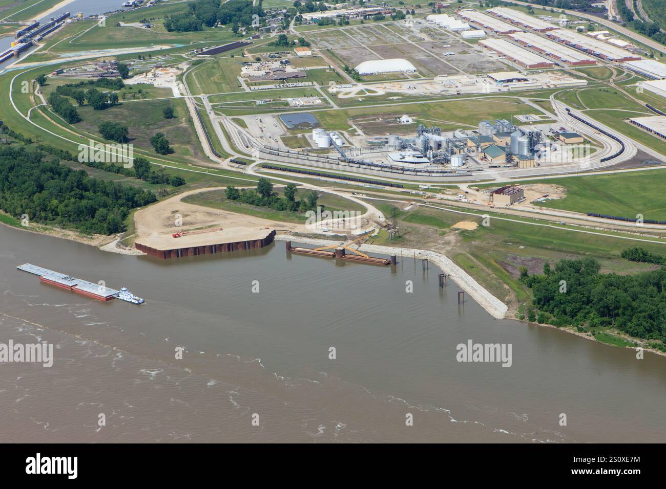 Aerial view of ethanol production facility adjacent to the Mississippi ...