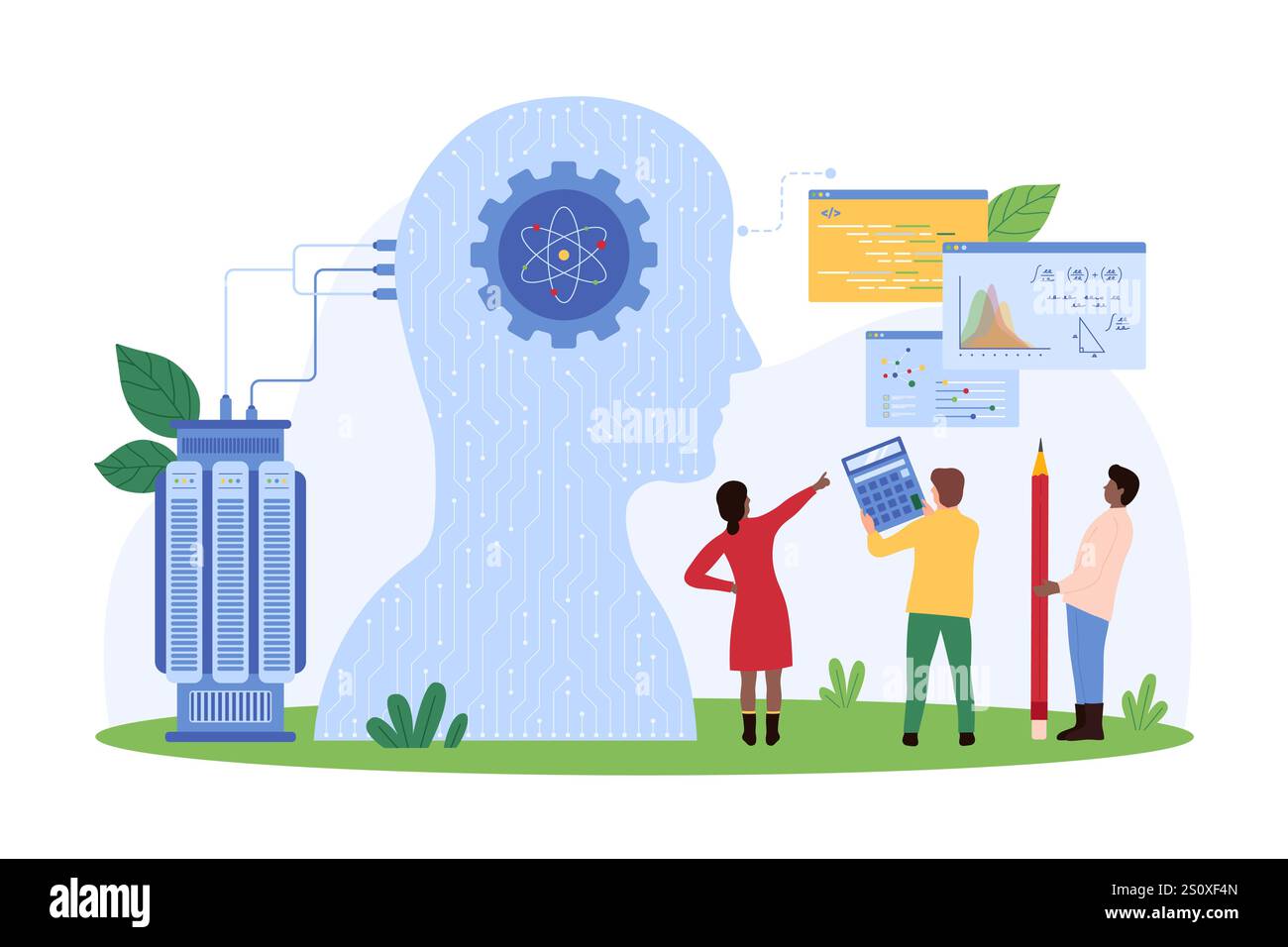 Machine learning technology, smart AI assistant. Tiny people work with virtual neural networks ...