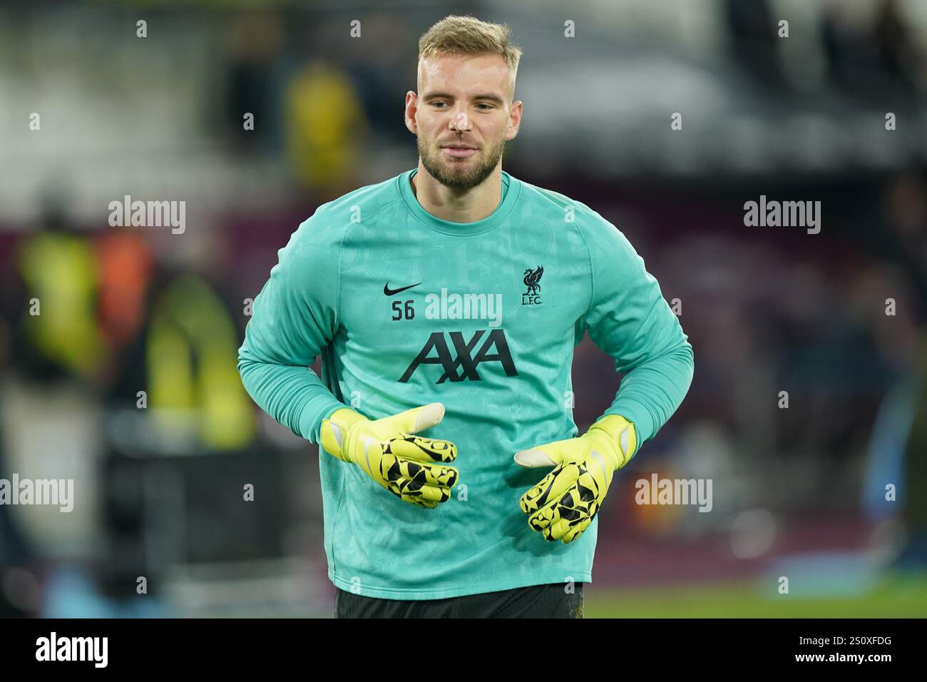 London, UK. 29th Dec, 2024. Vítězslav Jaroš of Liverpool warming up ...