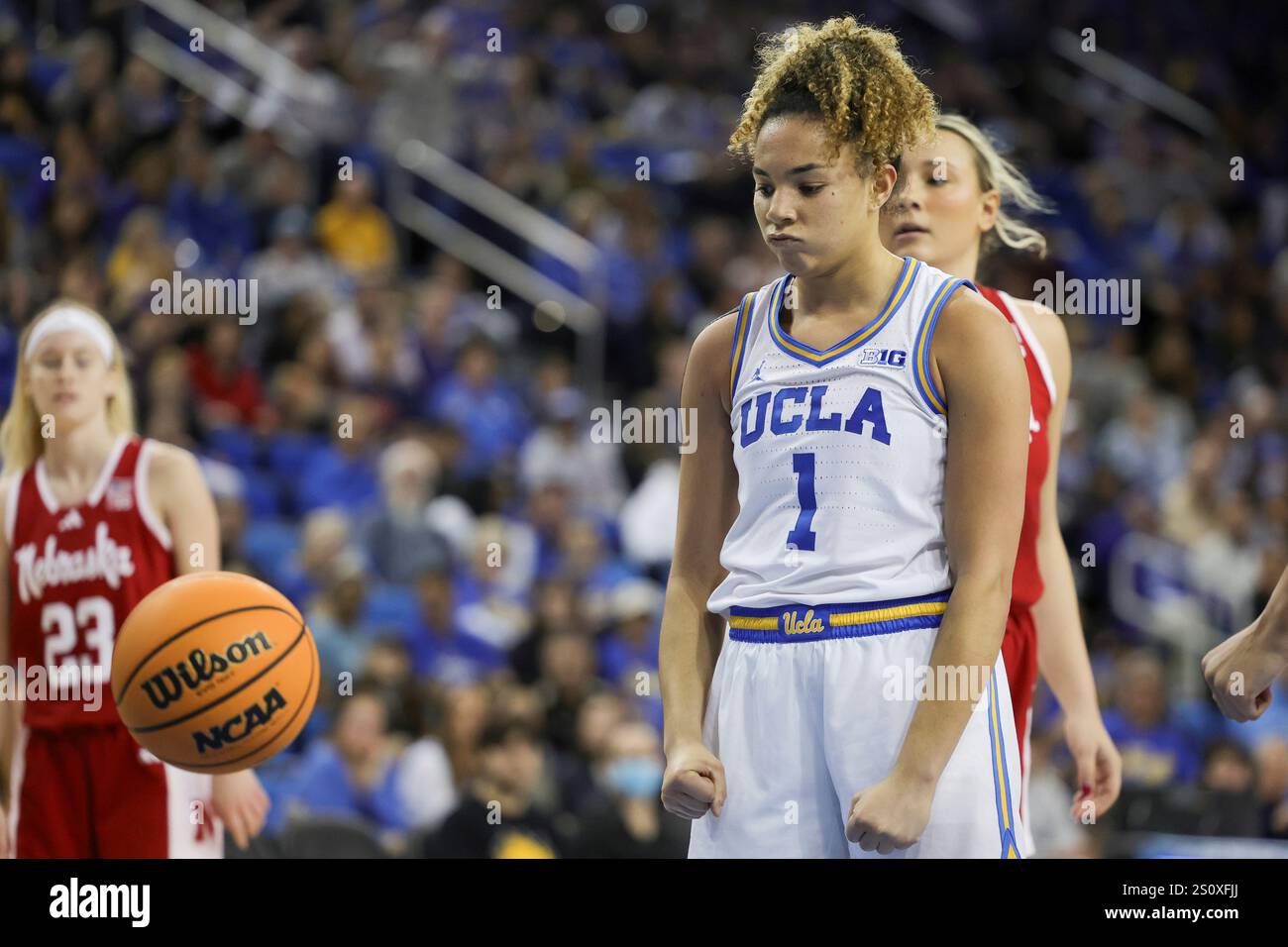 UCLA guard Kiki Rice celebrates after an and-one foul during the second ...