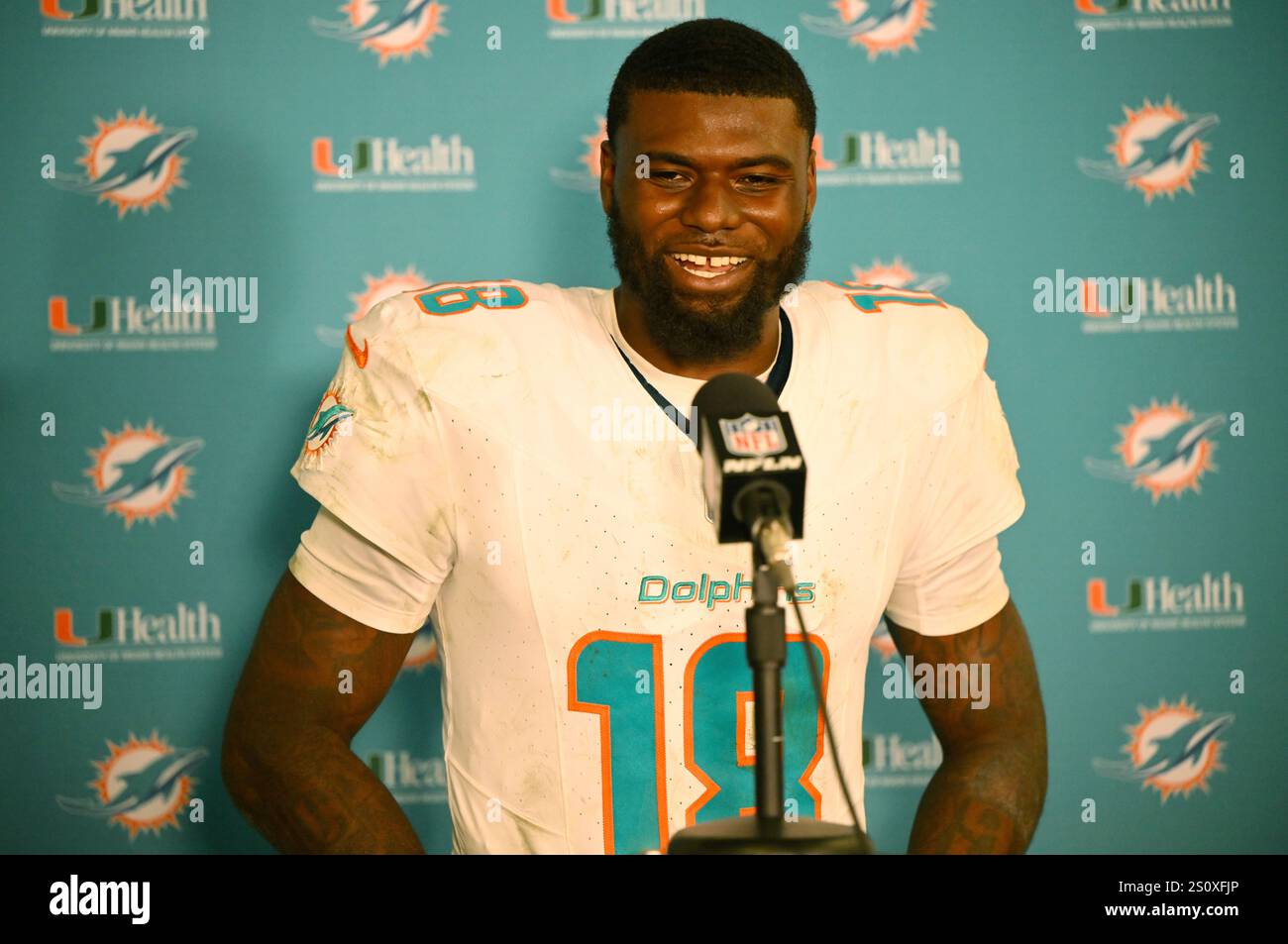 Miami Dolphins quarterback Tyler Huntley (18) smiles during a news ...