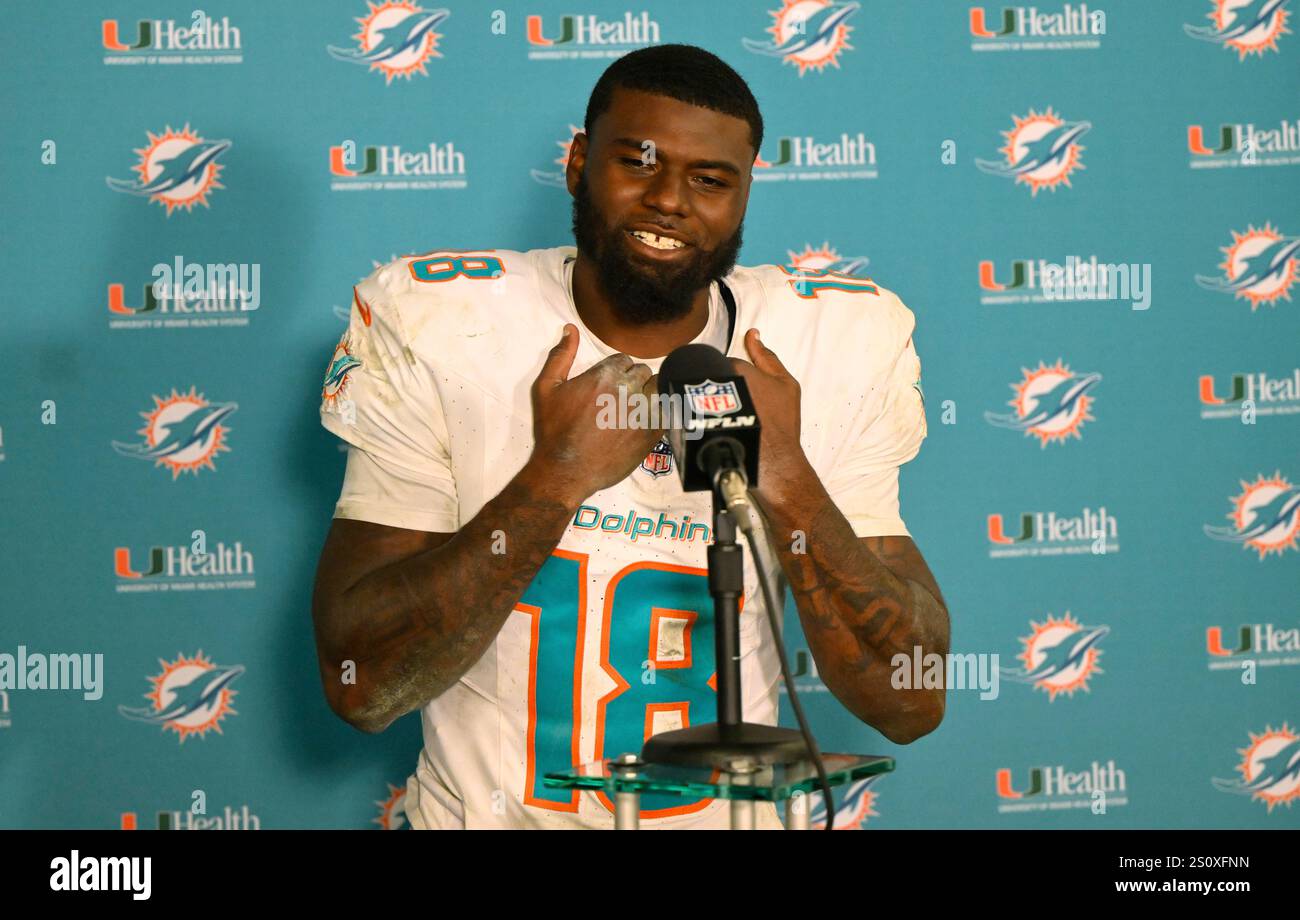 Miami Dolphins quarterback Tyler Huntley (18) speaks during a news ...