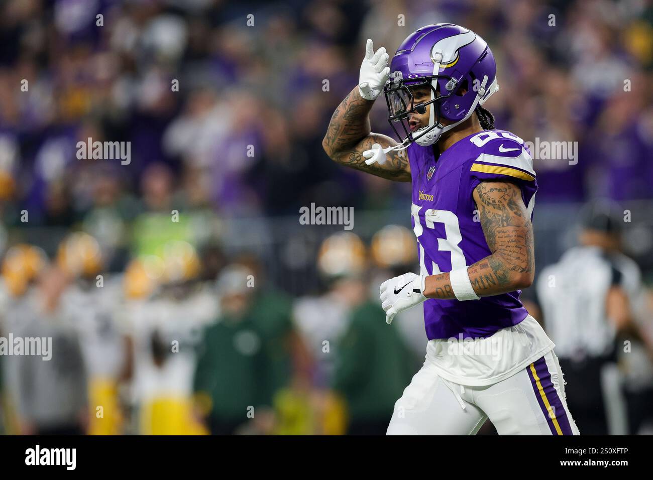 Minnesota Vikings wide receiver Jalen Nailor reacts after scoring a ...