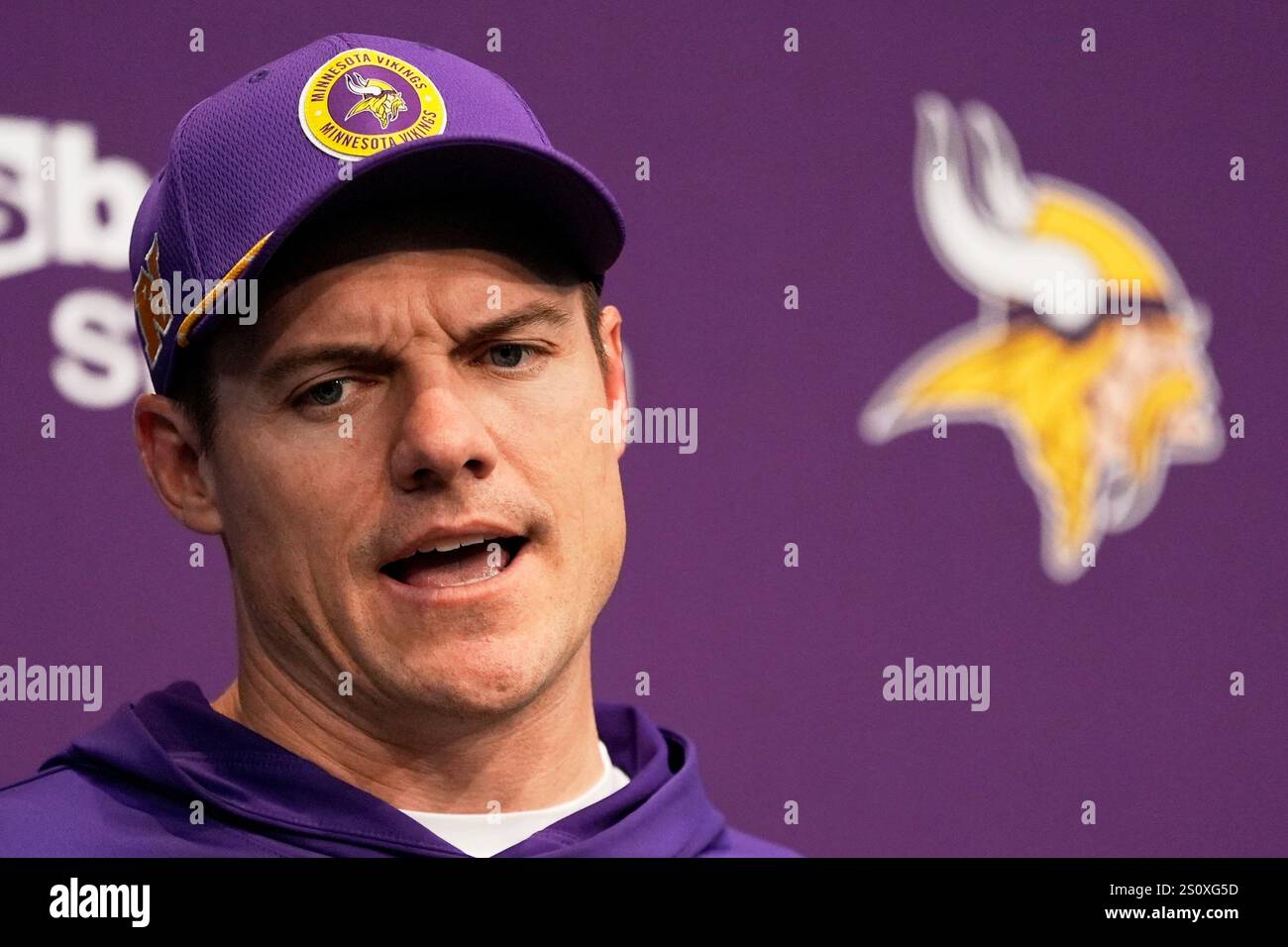 Minnesota Vikings head coach Kevin O'Connell talks after an NFL football game against the Green ...