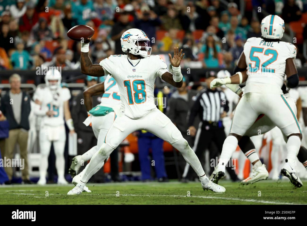 Miami Dolphins quarterback Tyler Huntley (18) throws the ball during an ...
