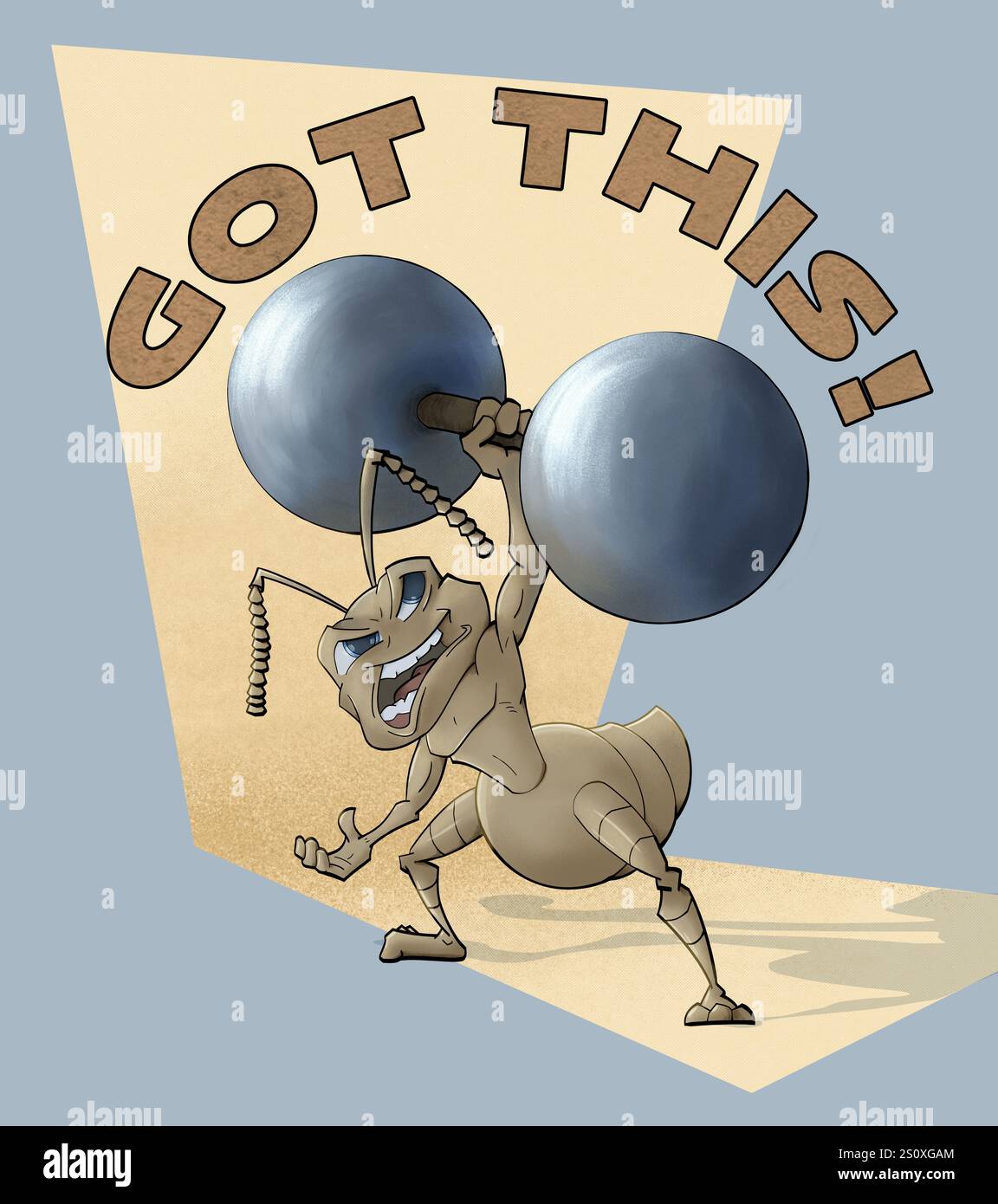 Super strong cartoon ant weightlifting a steel dumbbell for strength ...