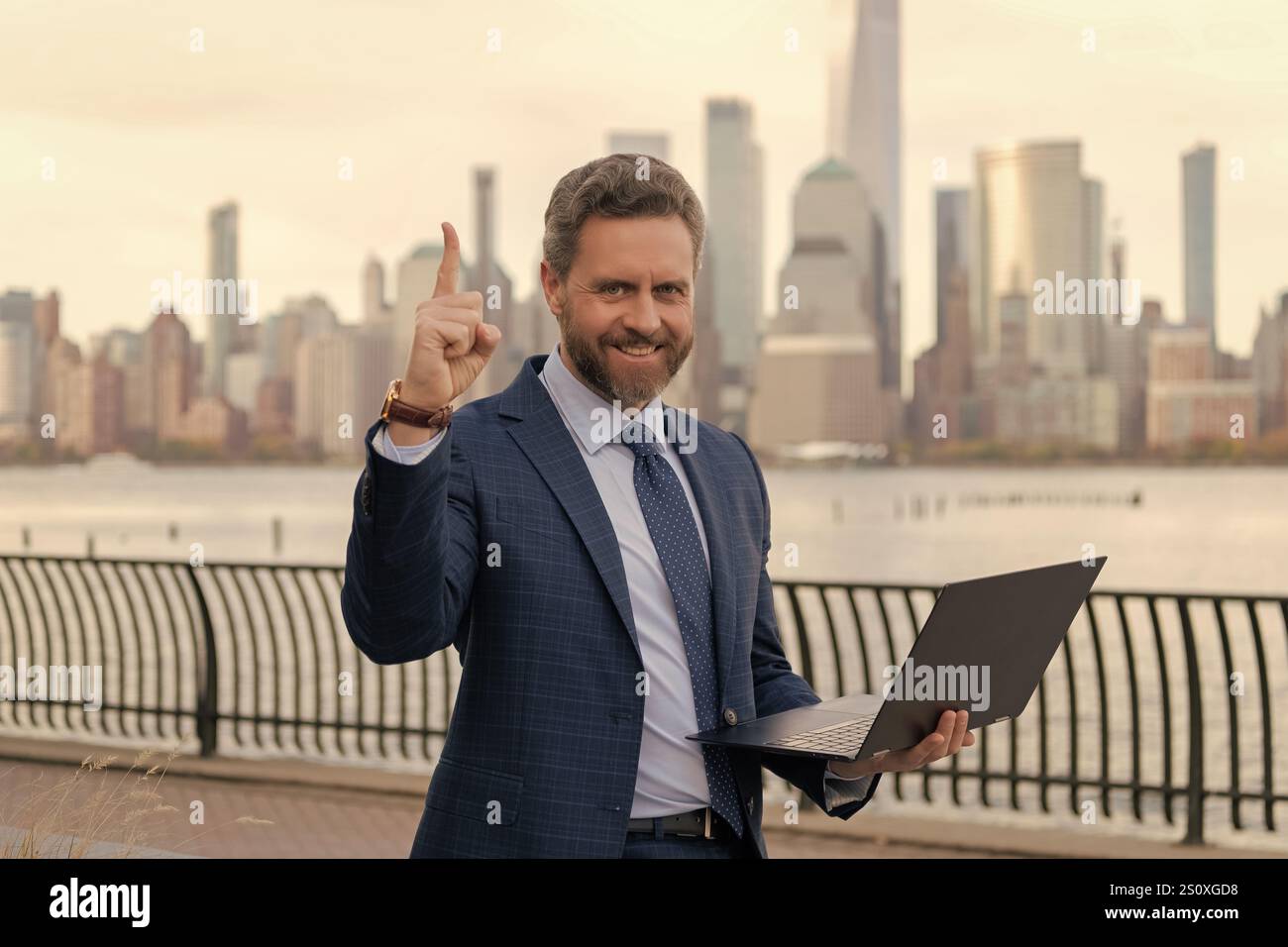 Freelancer developer inspired with innovative idea. Businessman of Manhattan. Hispanic business ...