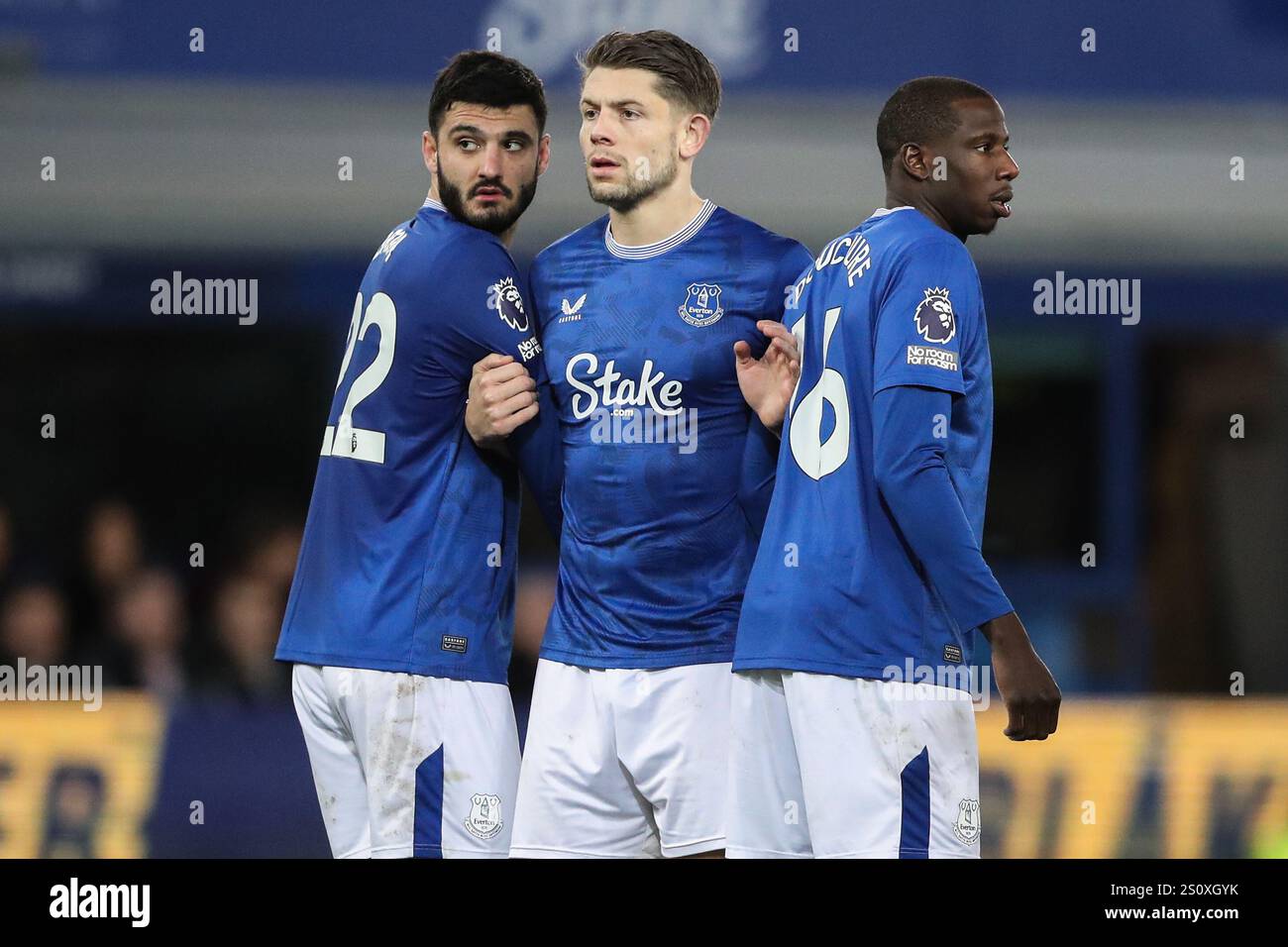 James Tarkowski of Everton organises a free kick wall during the ...