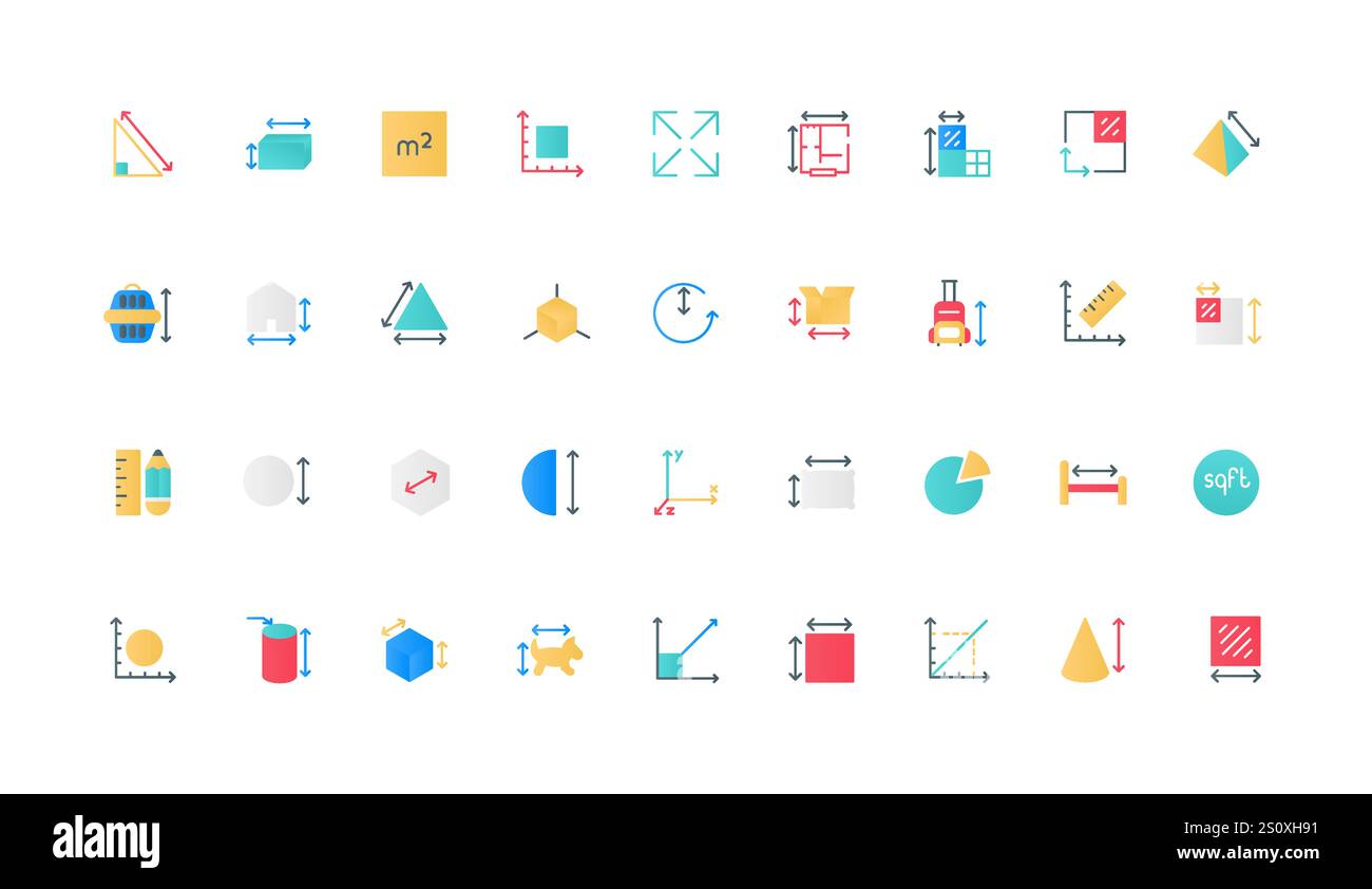 Size measurement, guide and tools to measure length and height, depth color icon set. Ruler with ...