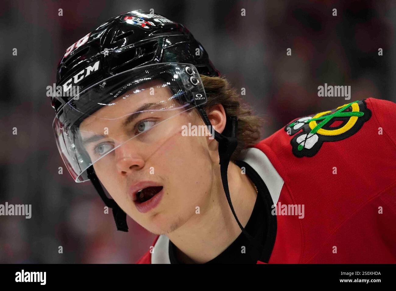 Chicago Blackhawks center Connor Bedard warms up before an NHL hockey ...