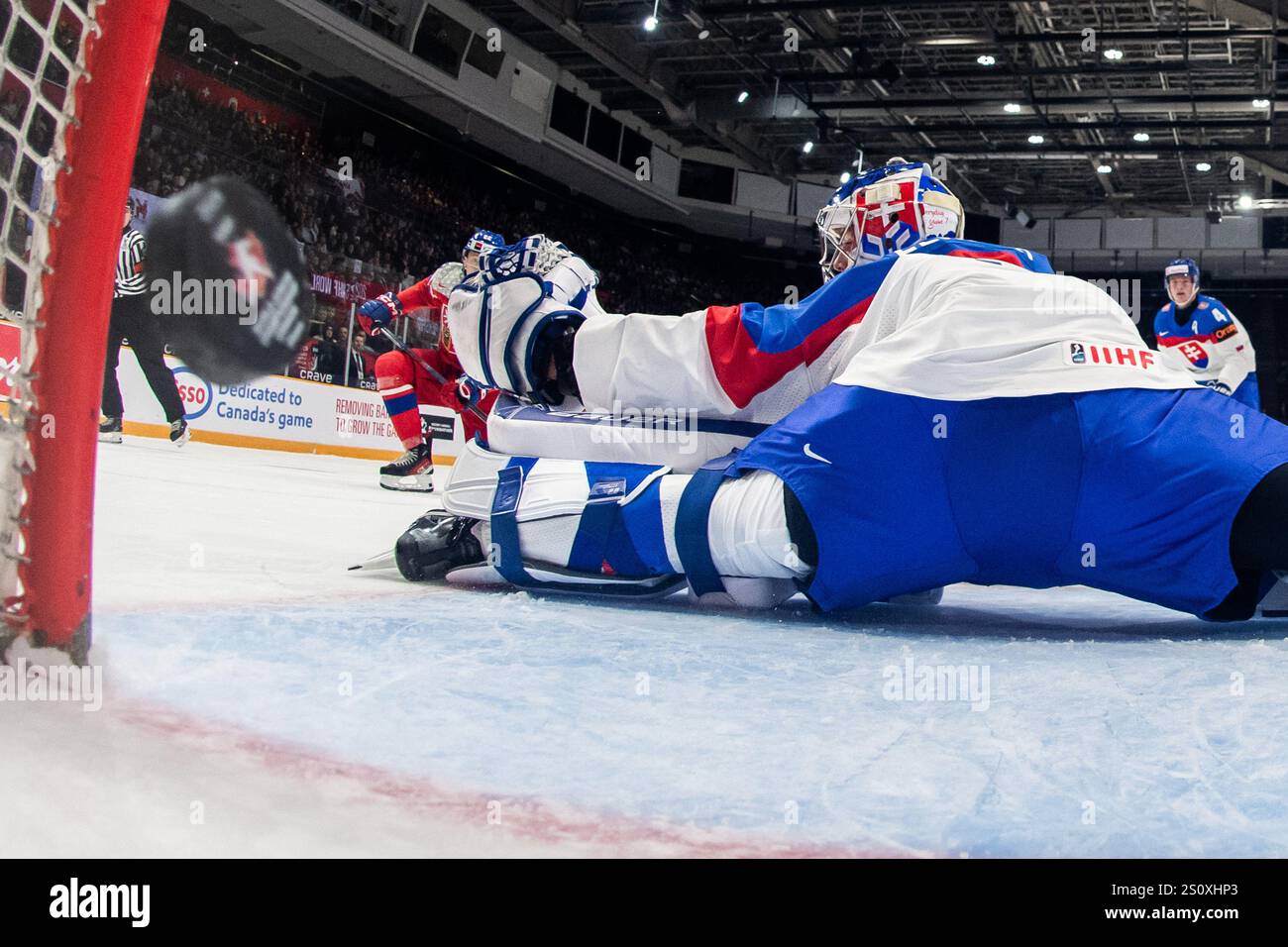 241229 Vojtech Hradec of Czech Republic scores 1-0 behind goaltender ...